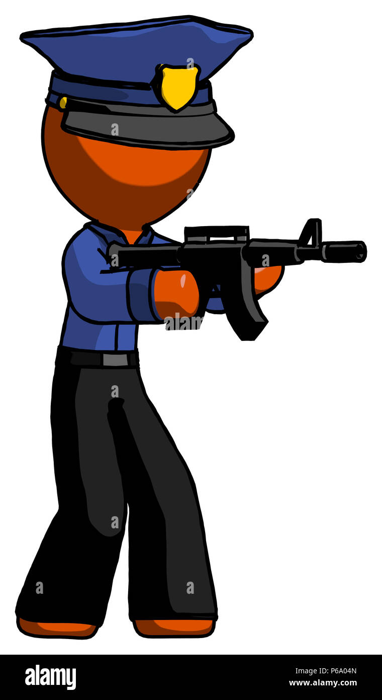 Orange police man shooting automatic assault weapon Stock Photo - Alamy