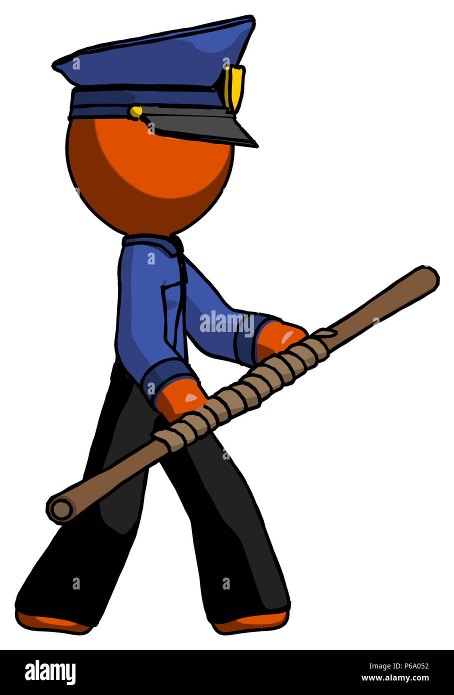 Orange police man holding bo staff in sideways defense pose Stock Photo ...