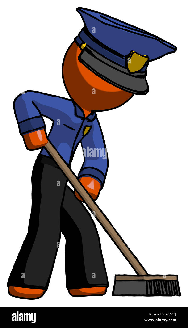 Orange police man cleaning services janitor sweeping floor side view ...