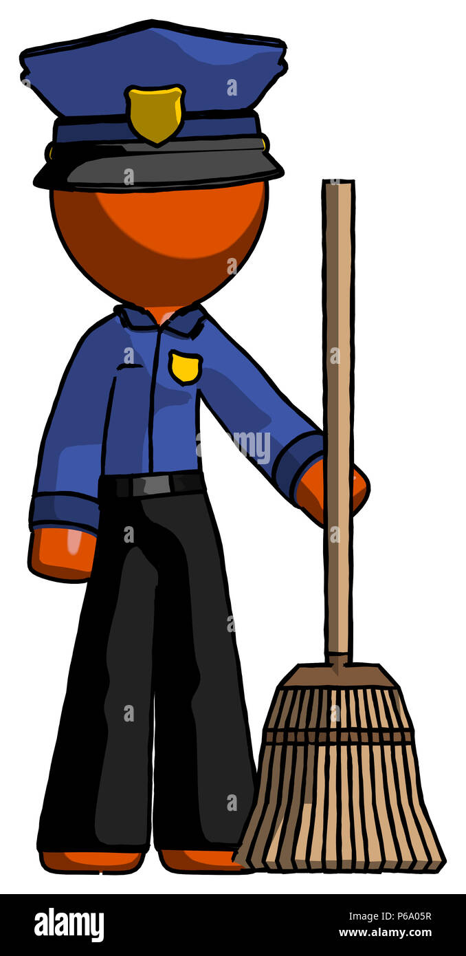 Orange police man standing with broom cleaning services Stock Photo - Alamy