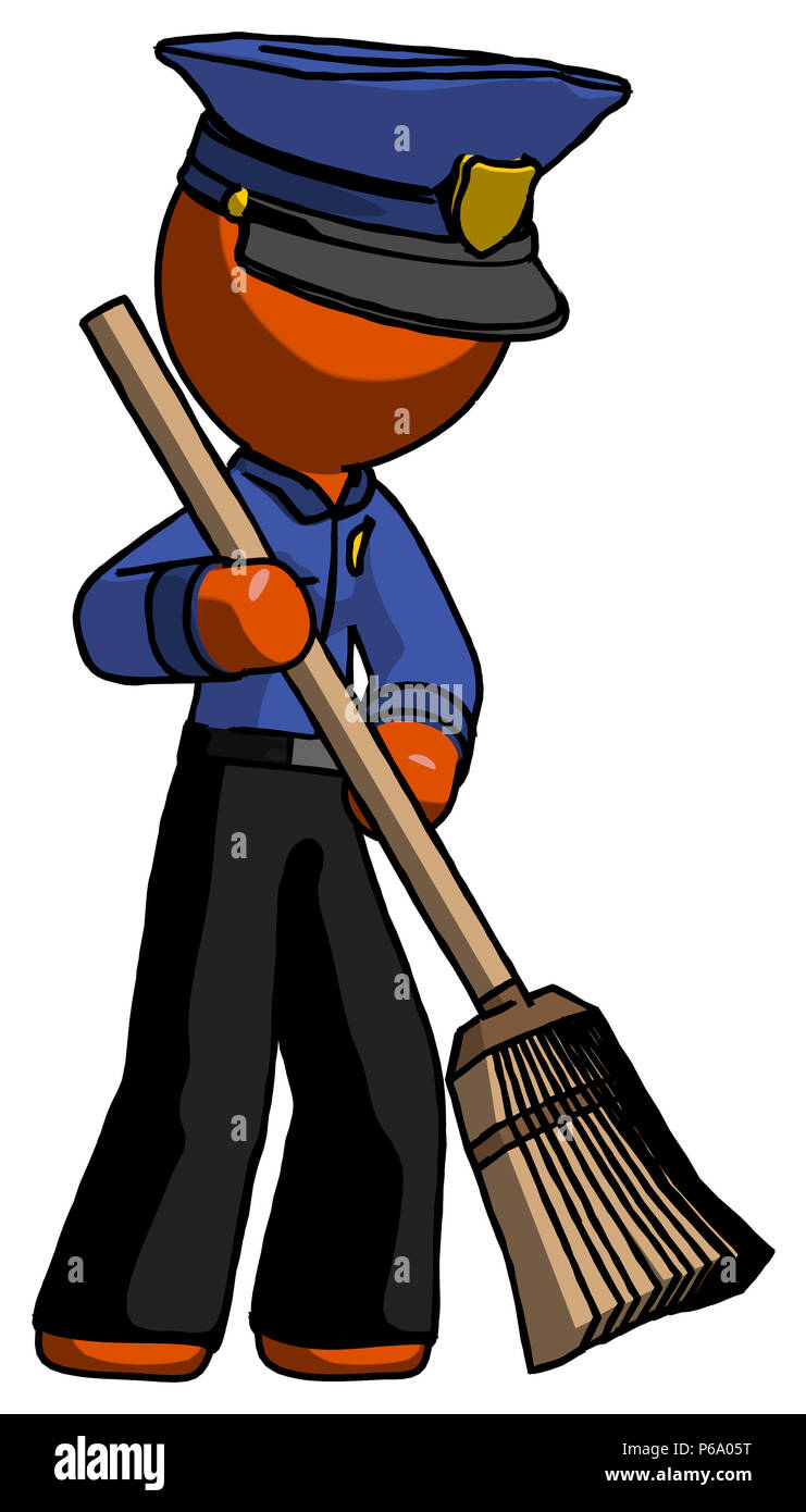 Orange police man sweeping area with broom Stock Photo - Alamy
