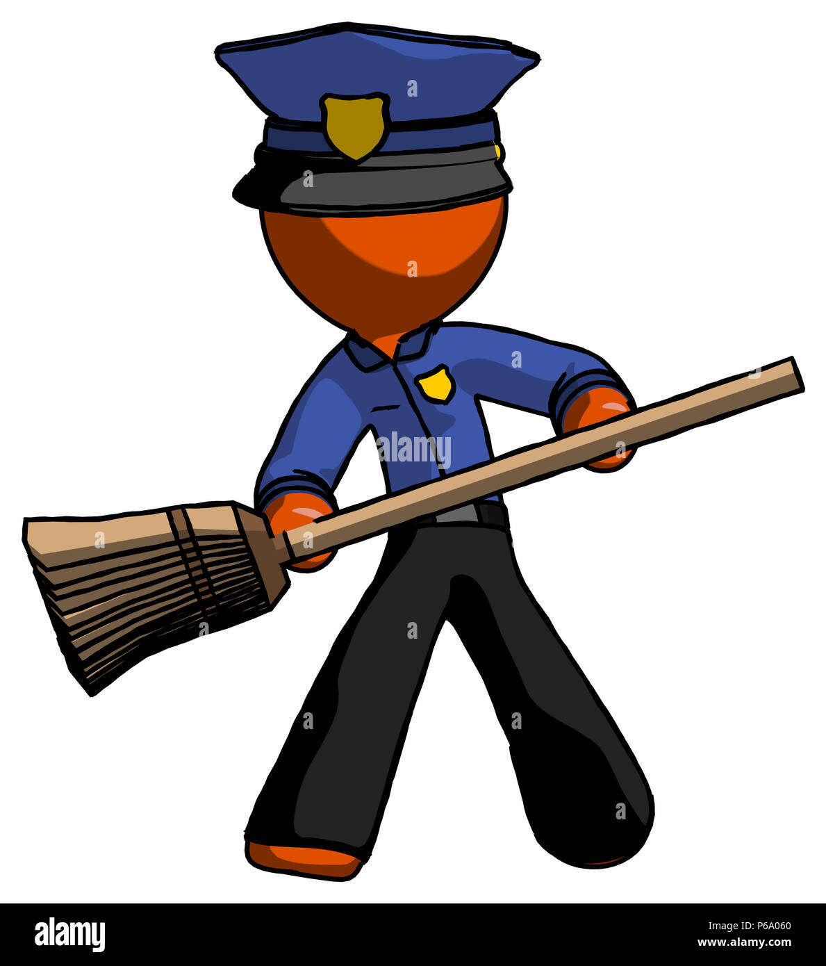 Orange police man broom fighter defense pose Stock Photo - Alamy