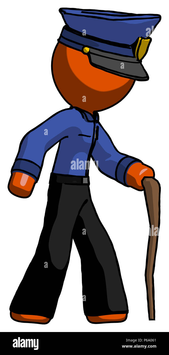 Orange police man walking with hiking stick Stock Photo - Alamy