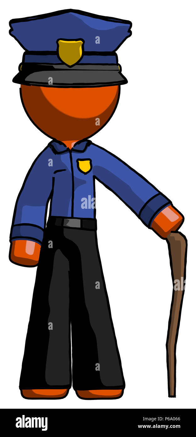 Orange police man standing with hiking stick Stock Photo - Alamy