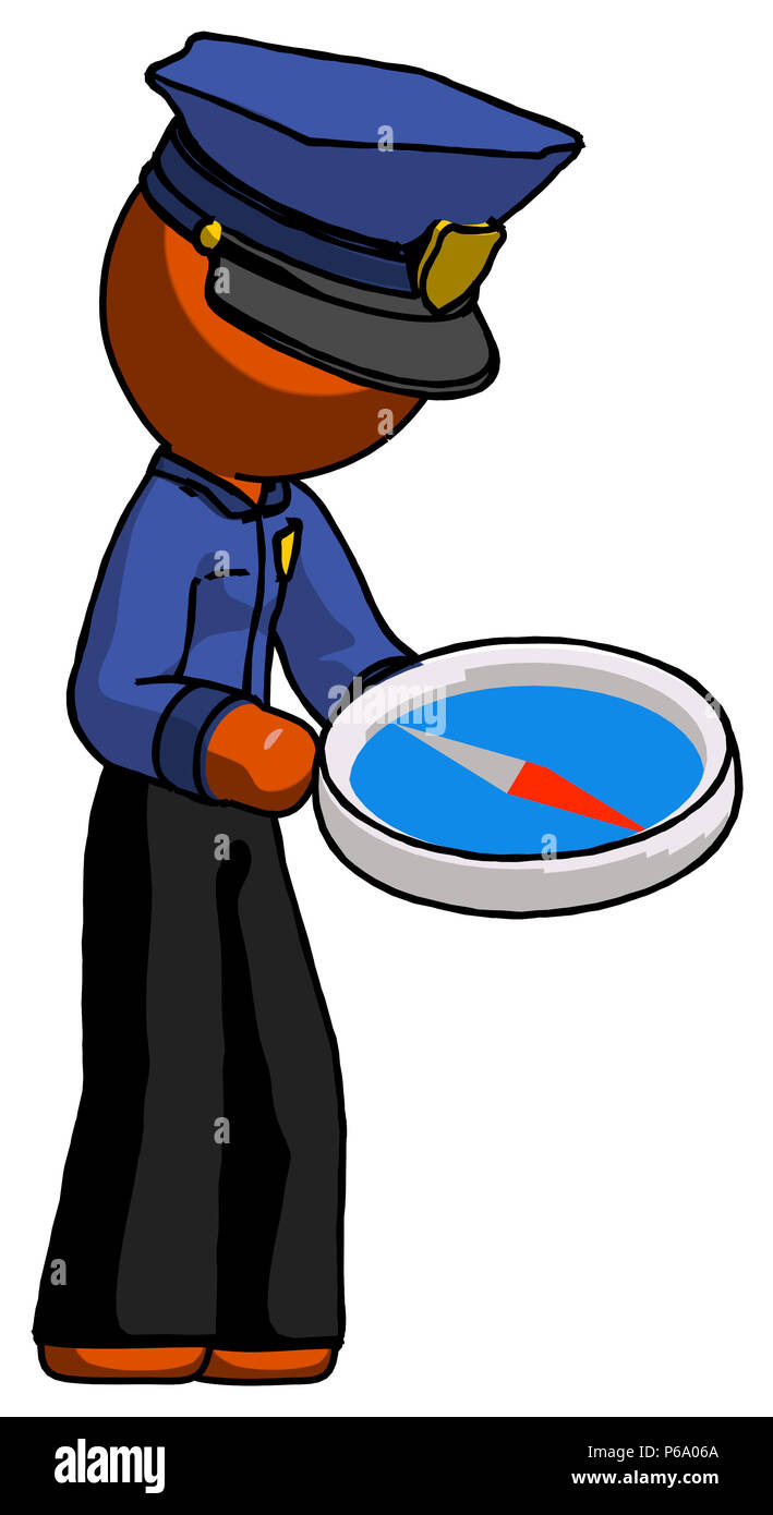 Orange police man looking at large compass facing right Stock Photo - Alamy