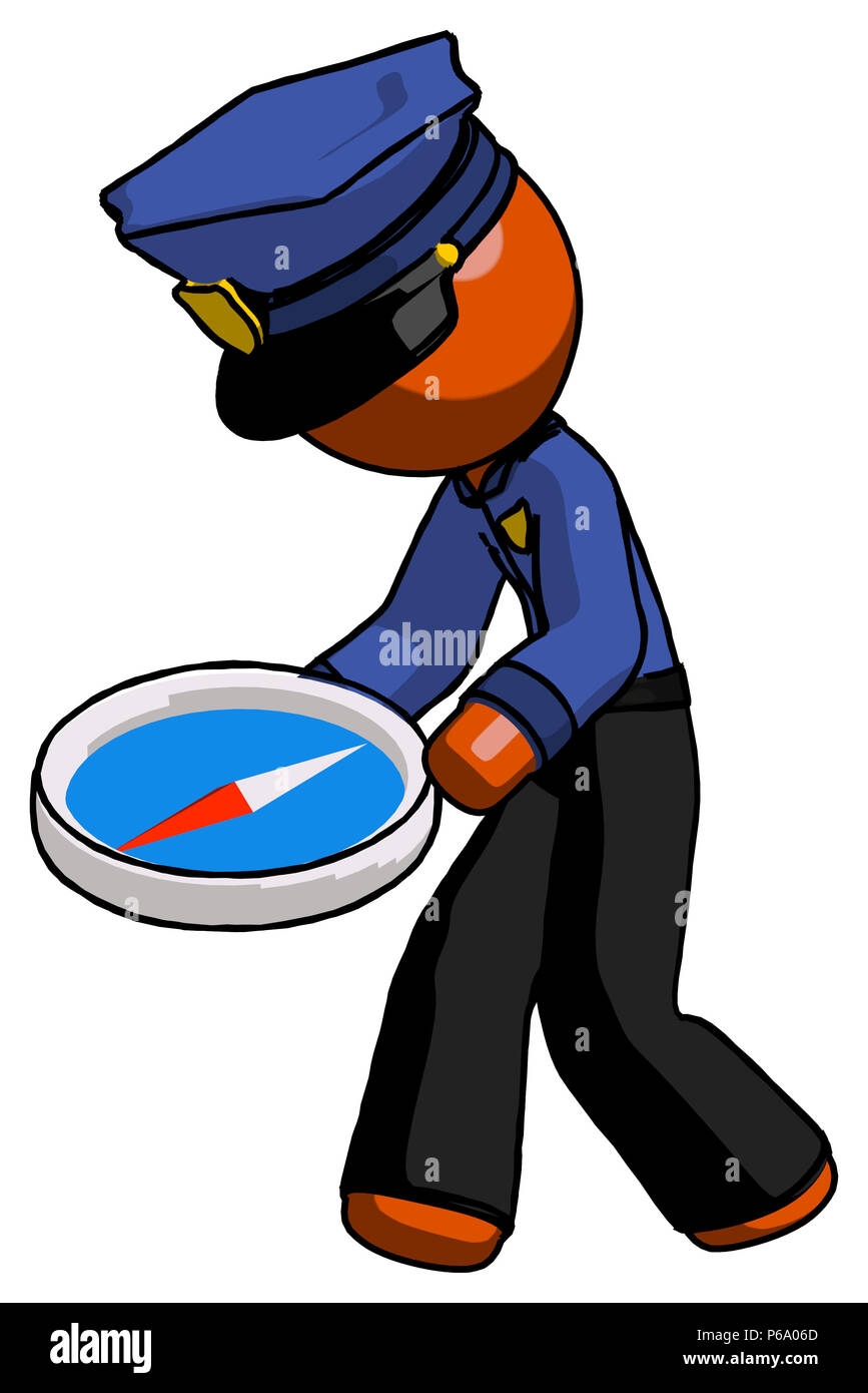 Orange police man walking with large compass Stock Photo - Alamy
