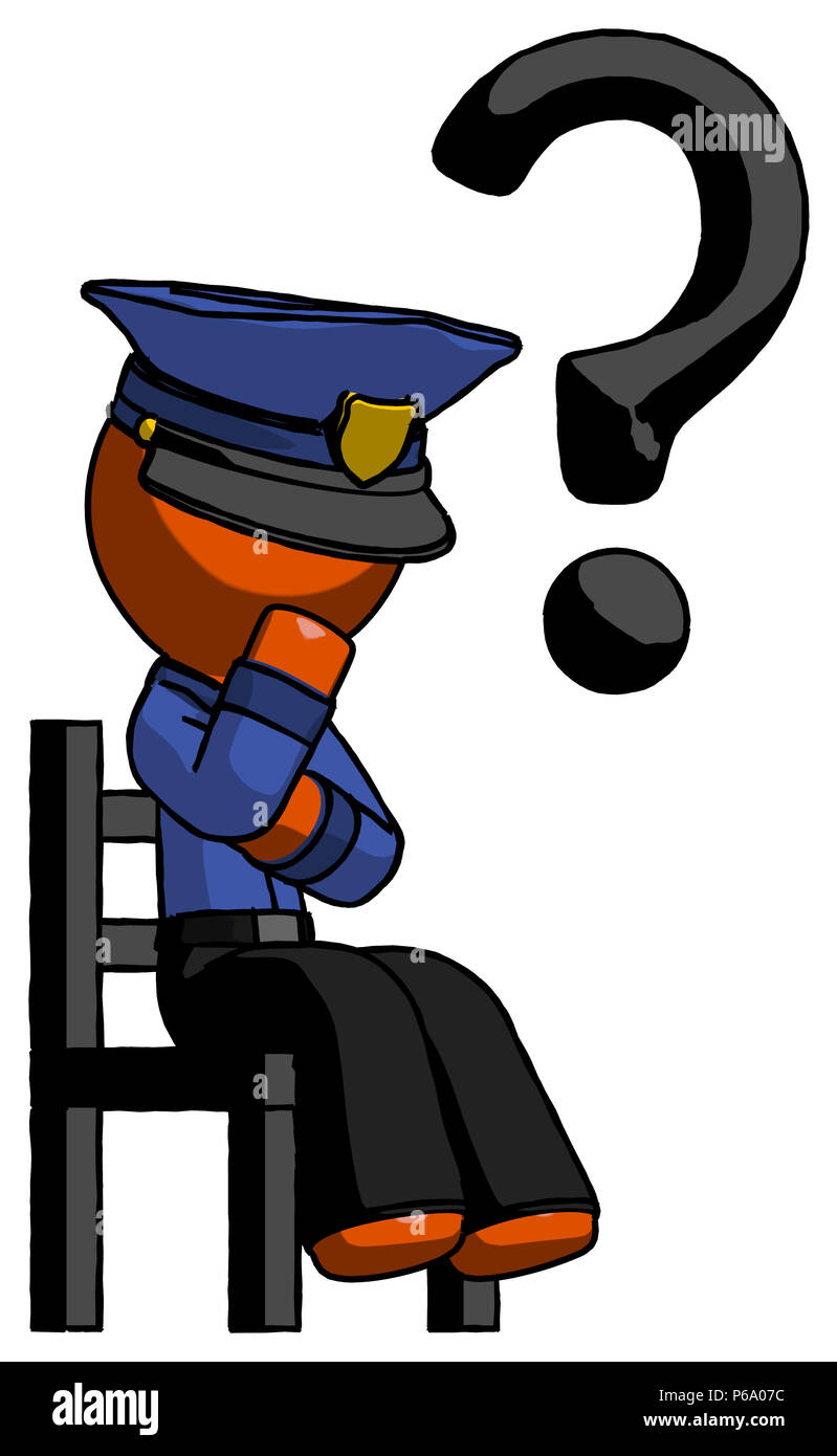 Orange police man question mark concept, sitting on chair thinking ...