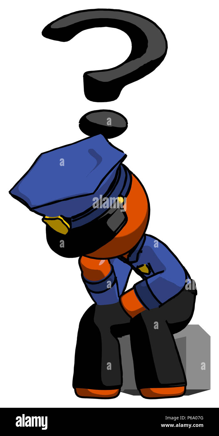 Orange police man thinker question mark concept Stock Photo - Alamy