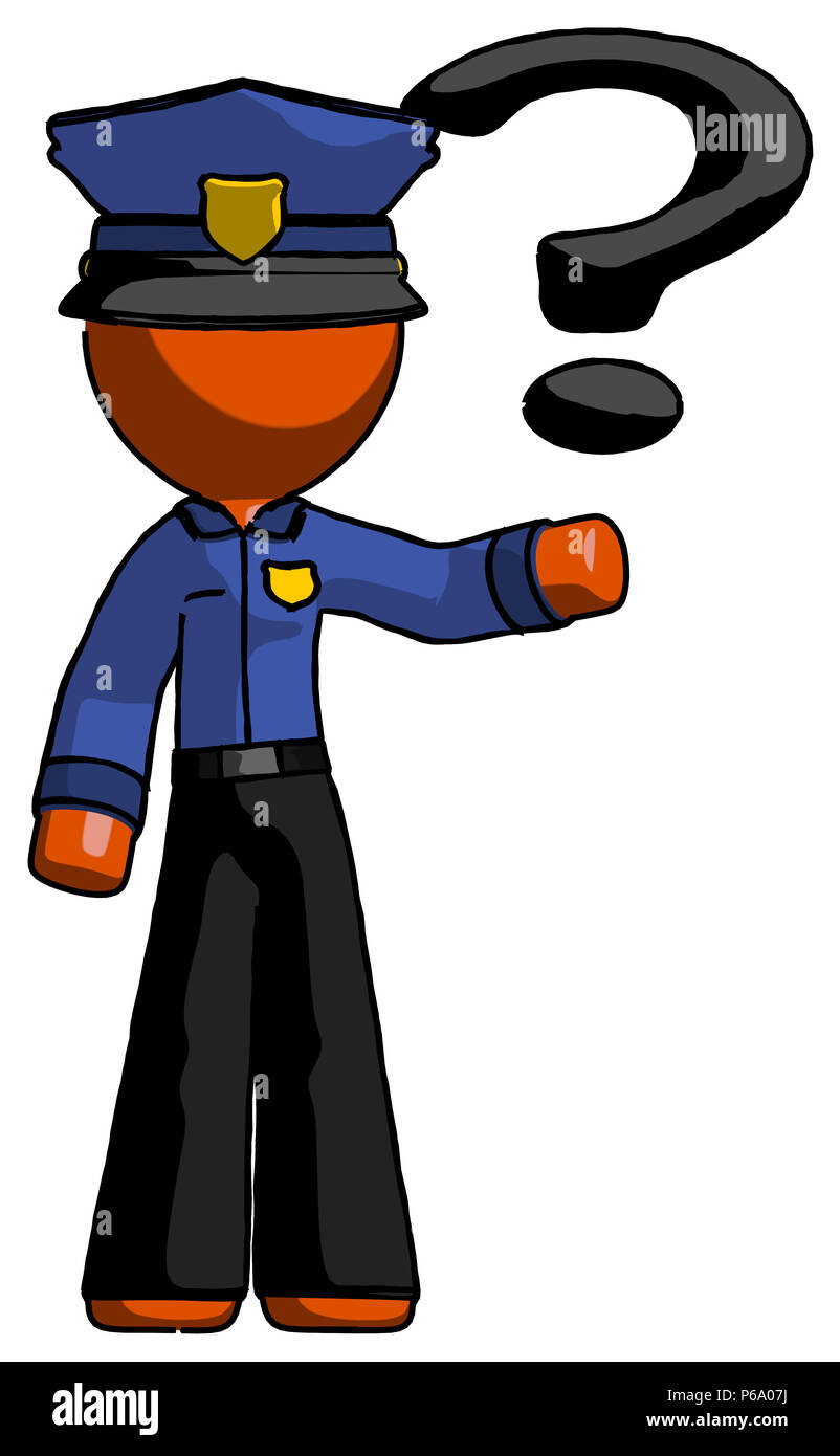 Orange police man holding question mark to right Stock Photo - Alamy
