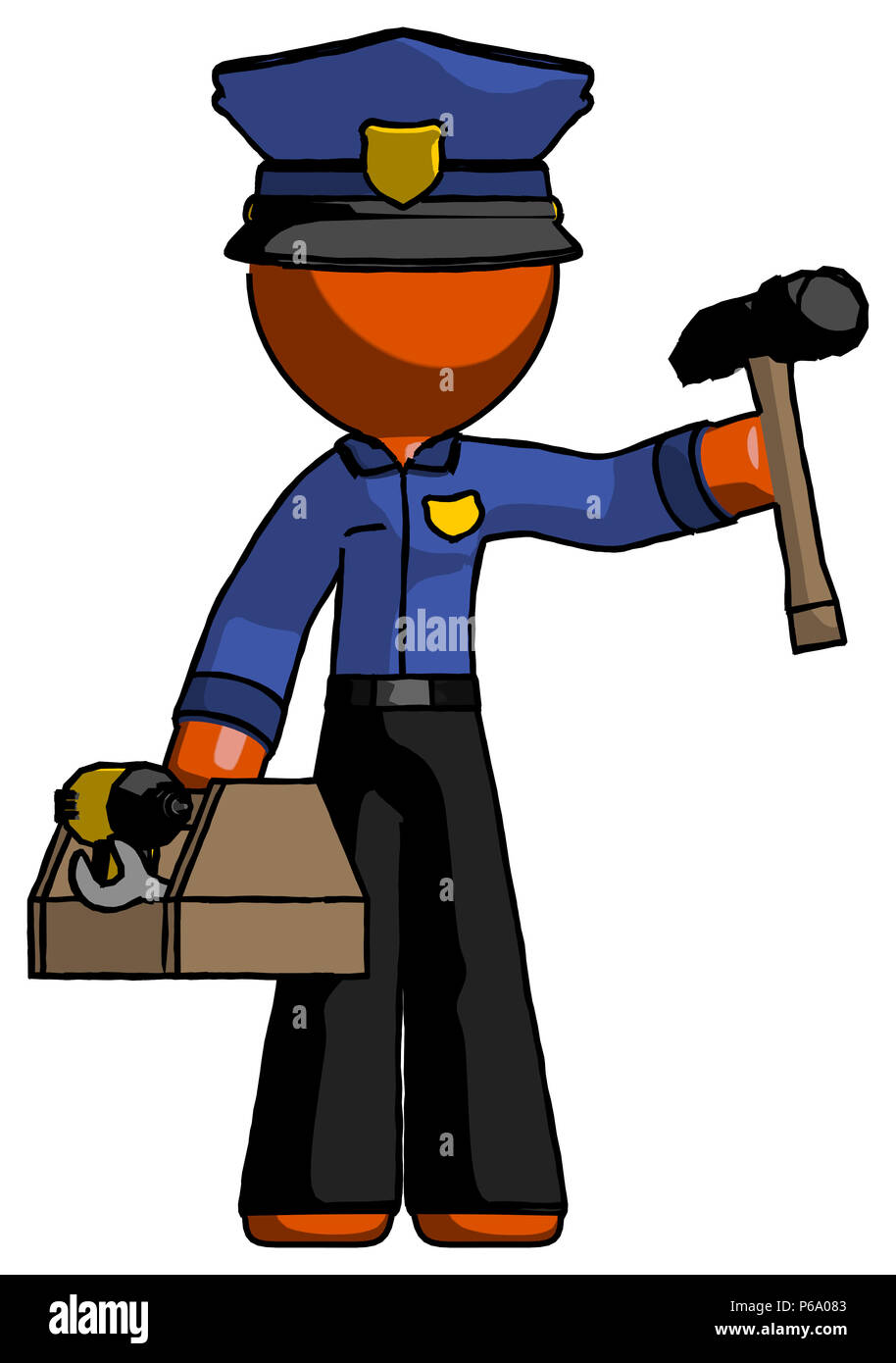 Orange police man holding tools and toolchest ready to work Stock Photo ...