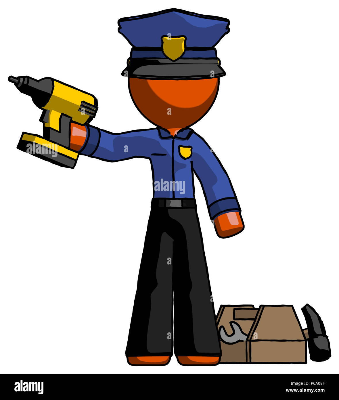Orange police man holding drill ready to work, toolchest and tools to ...