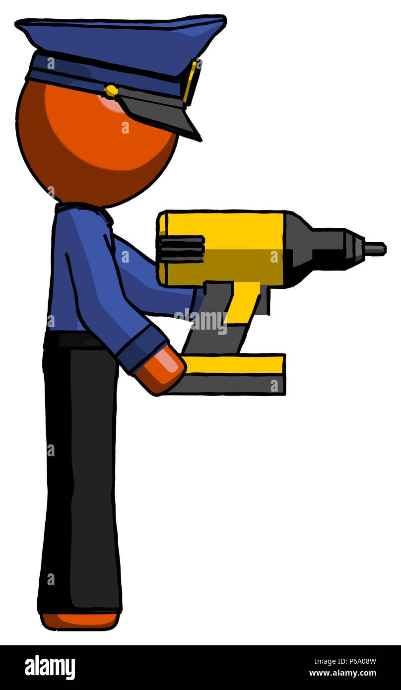 Orange police man using drill drilling something on right side Stock ...