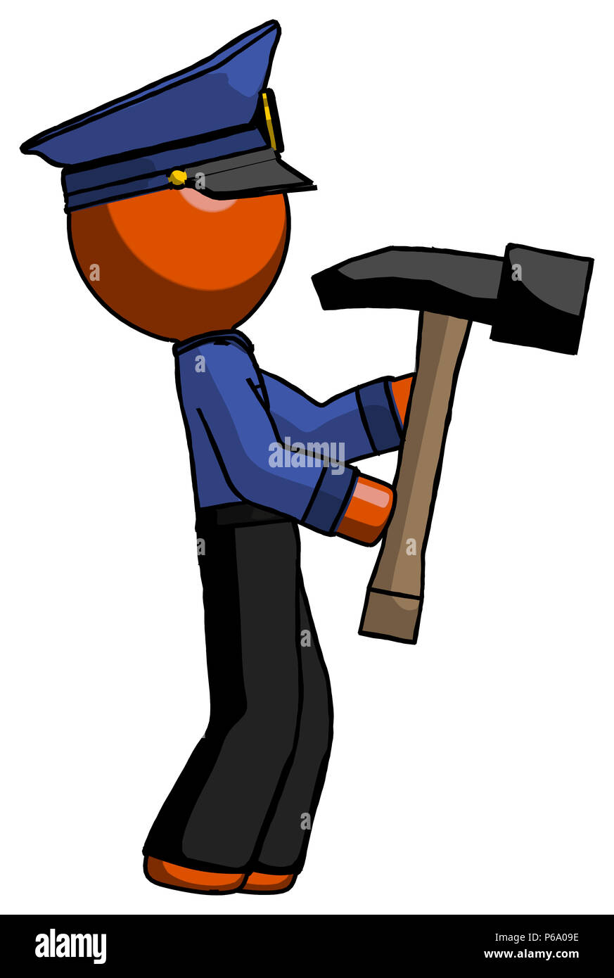 Orange police man hammering something on the right Stock Photo - Alamy
