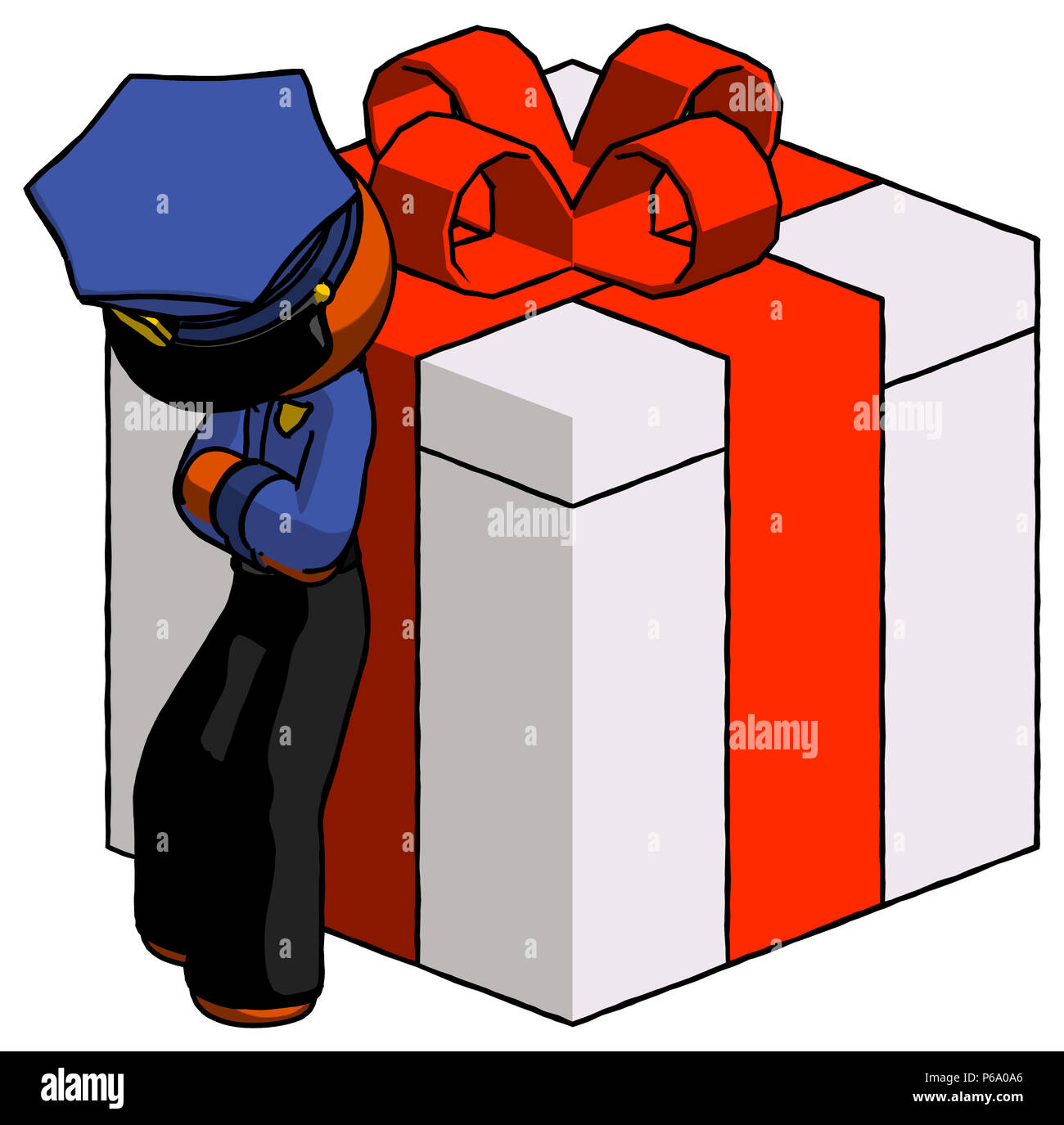Orange police man leaning on gift with red bow angle view Stock Photo ...