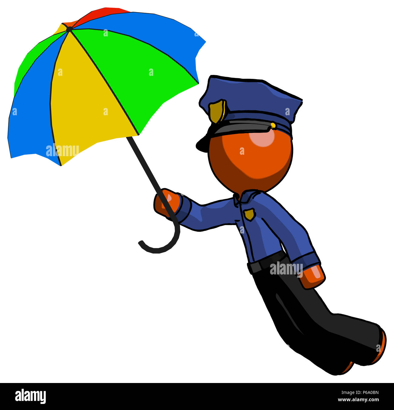 Orange police man flying with rainbow colored umbrella Stock Photo - Alamy