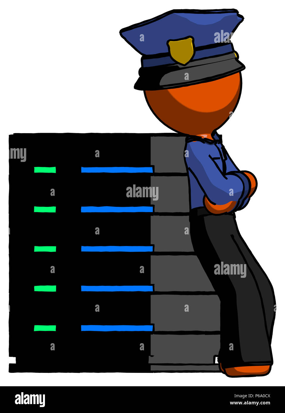 Orange police man resting against server rack viewed at angle Stock ...