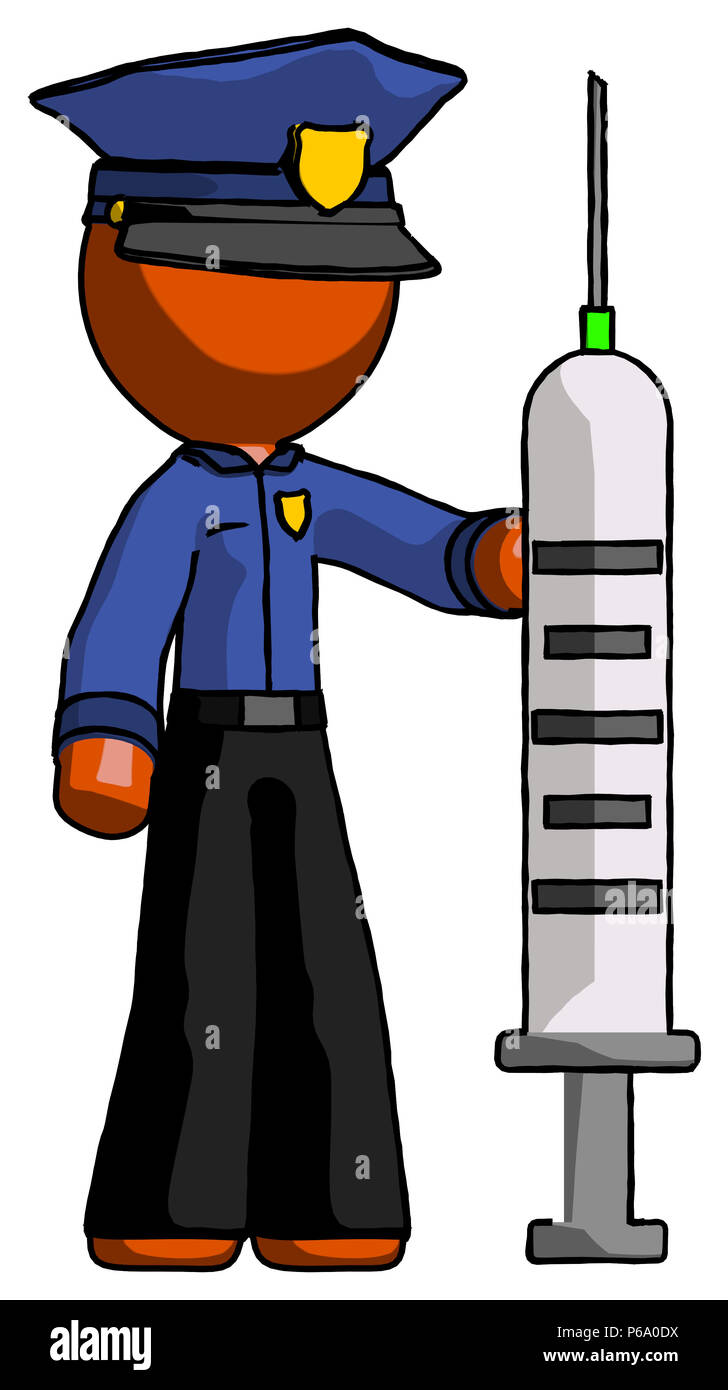 Orange police man holding large syringe Stock Photo - Alamy