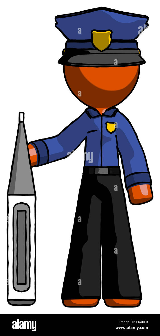 Orange police man standing with large thermometer Stock Photo - Alamy