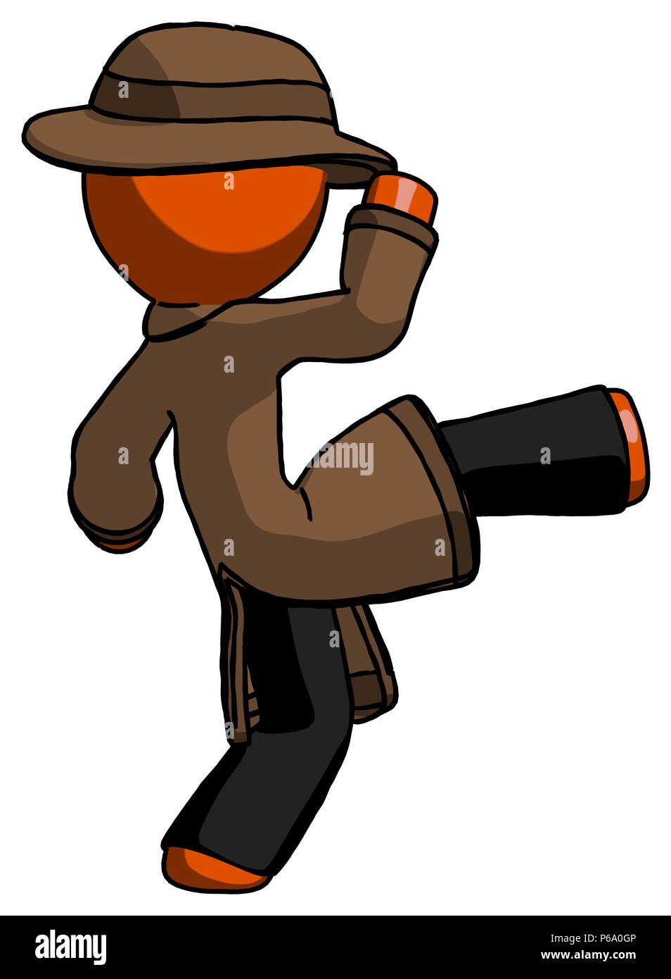 Orange detective man kick pose Stock Photo - Alamy