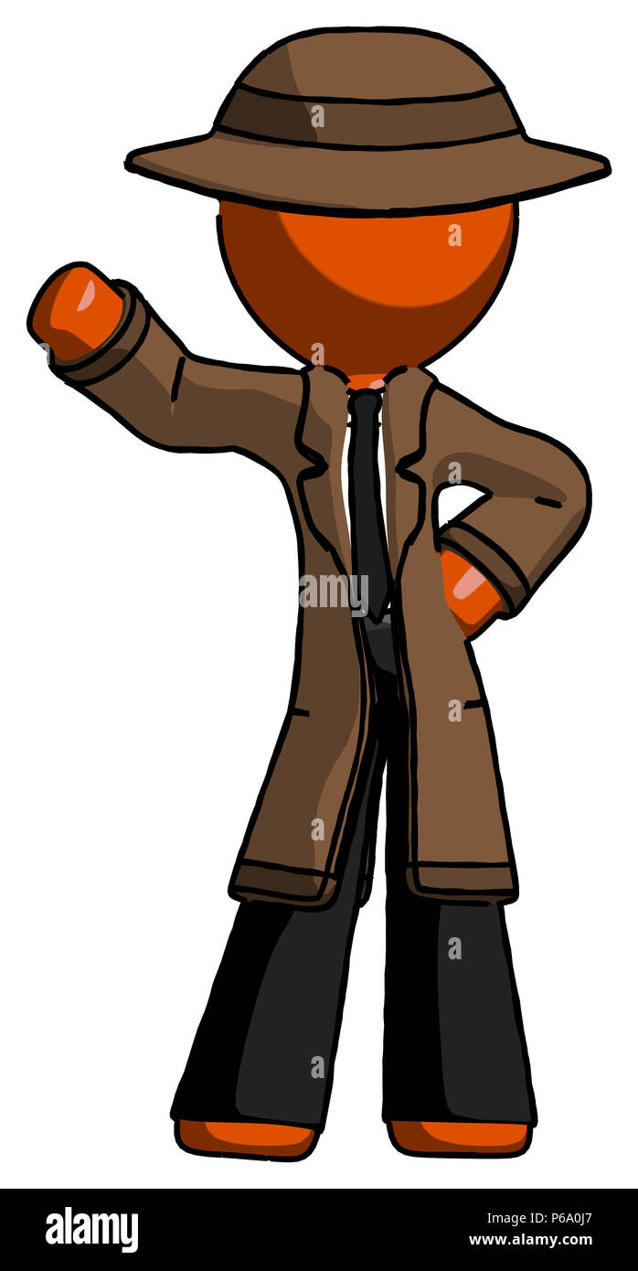 Orange detective man waving right arm with hand on hip Stock Photo - Alamy