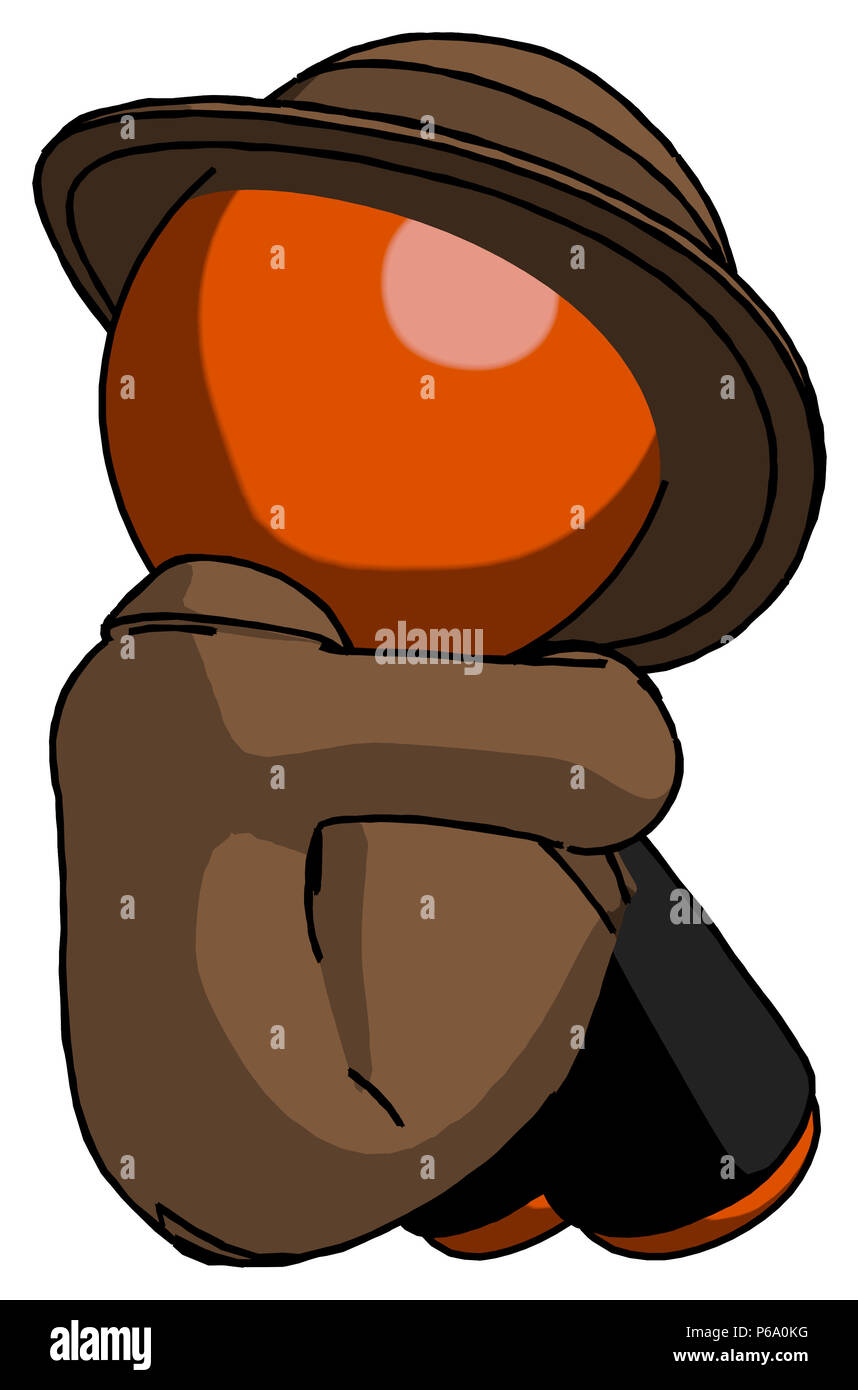 Orange detective man sitting with head down back view facing right ...