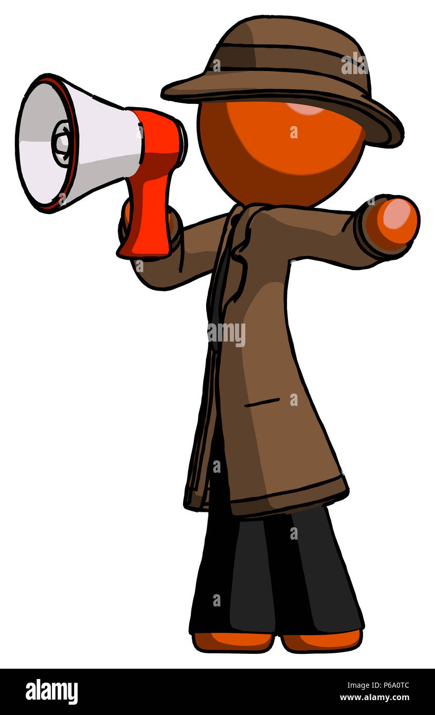 Orange detective man shouting into megaphone bullhorn facing left Stock ...