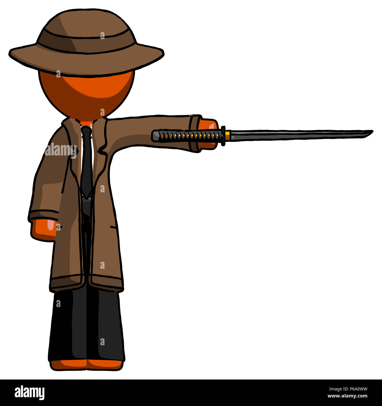 Orange detective man standing with ninja sword katana pointing right ...