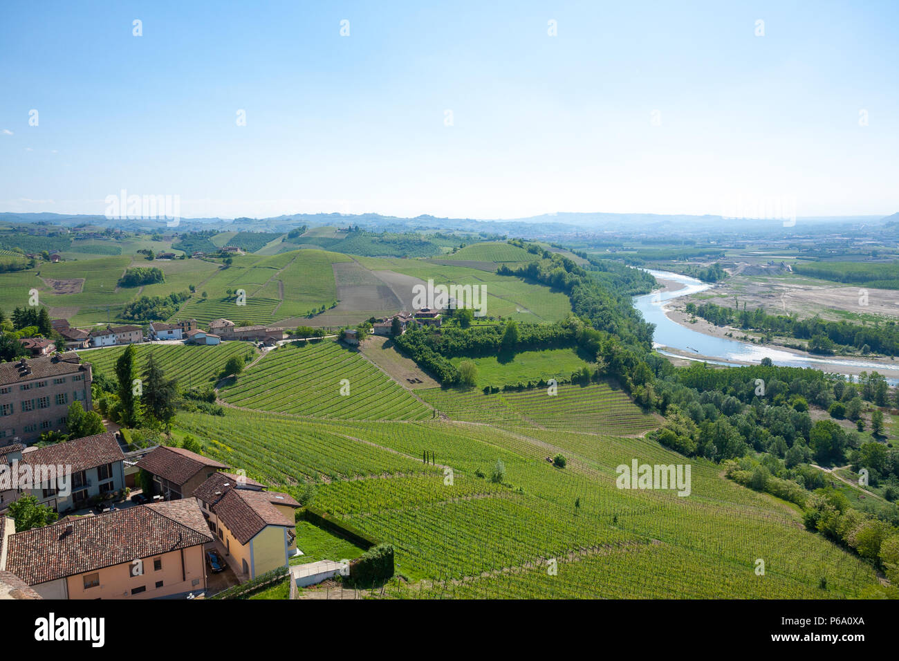 Tanaro river view. Vineyards from Langhe region,Italy agriculture ...