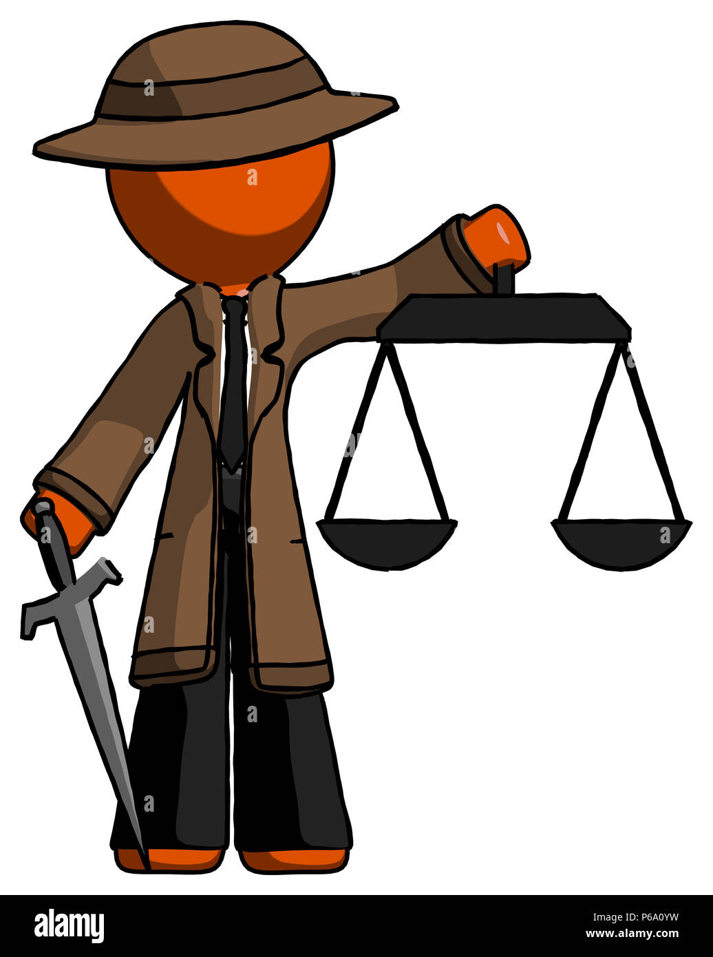 Orange detective man justice concept with scales and sword, justicia ...