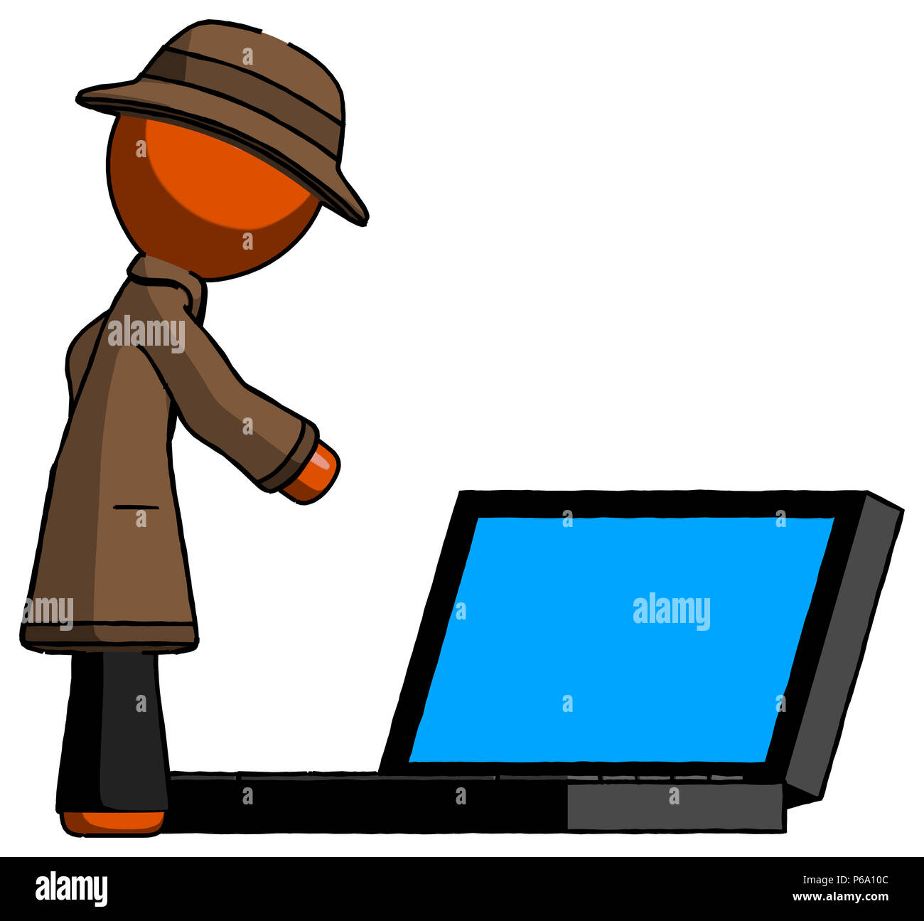 Orange detective man using large laptop computer side orthographic view ...