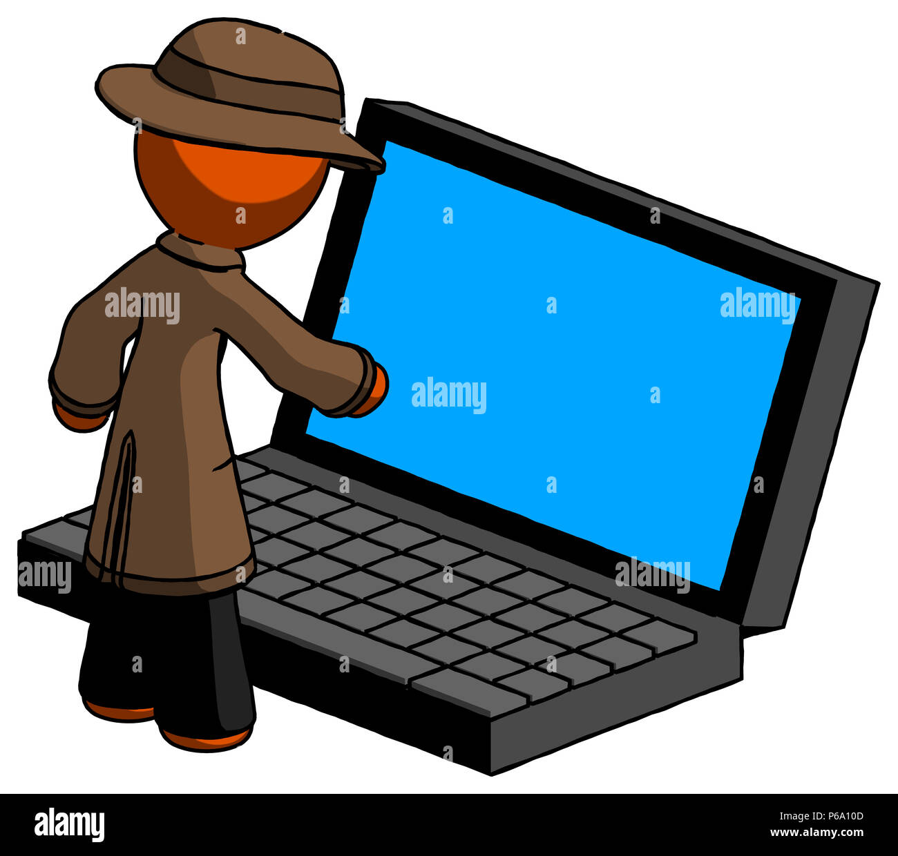 Orange detective man using large laptop computer Stock Photo - Alamy