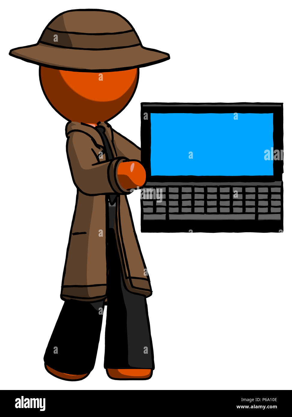 Orange detective man holding laptop computer presenting something on ...