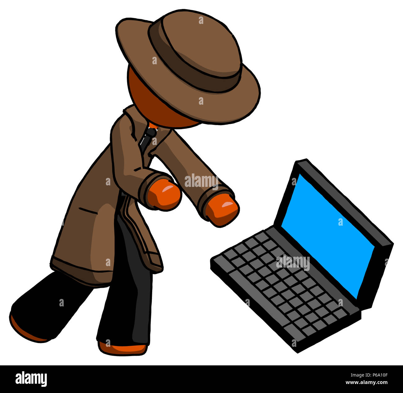 Orange detective man throwing laptop computer in frustration Stock ...