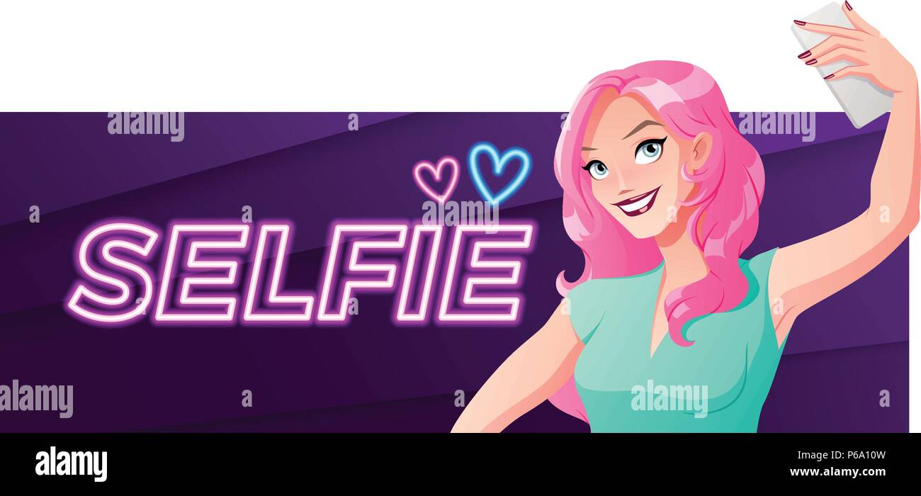 Pretty young woman taking selfie photo. Vector banner Stock Vector ...