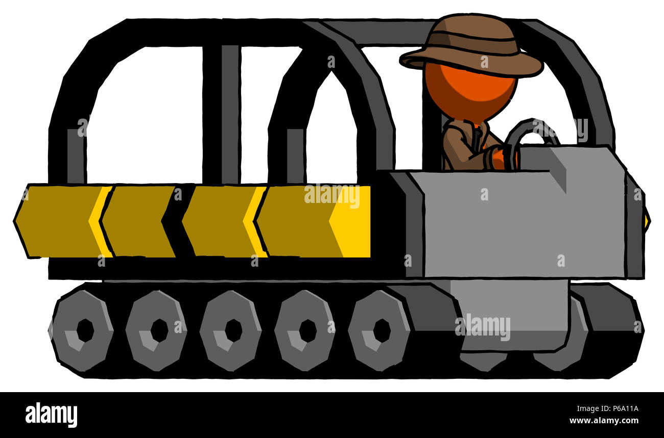 Orange detective man driving amphibious tracked vehicle side angle view ...