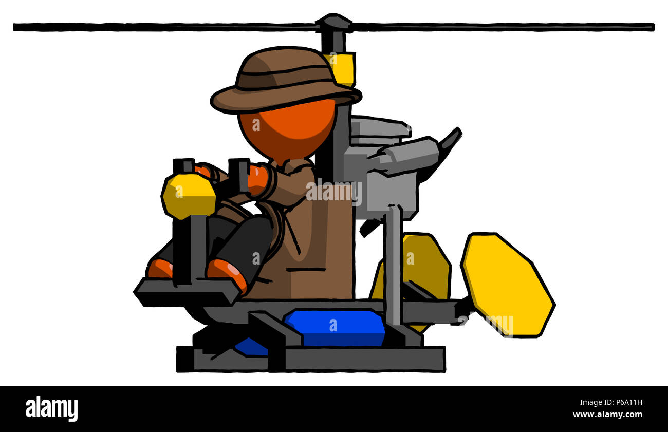 Orange detective man flying in gyrocopter front side angle view Stock ...