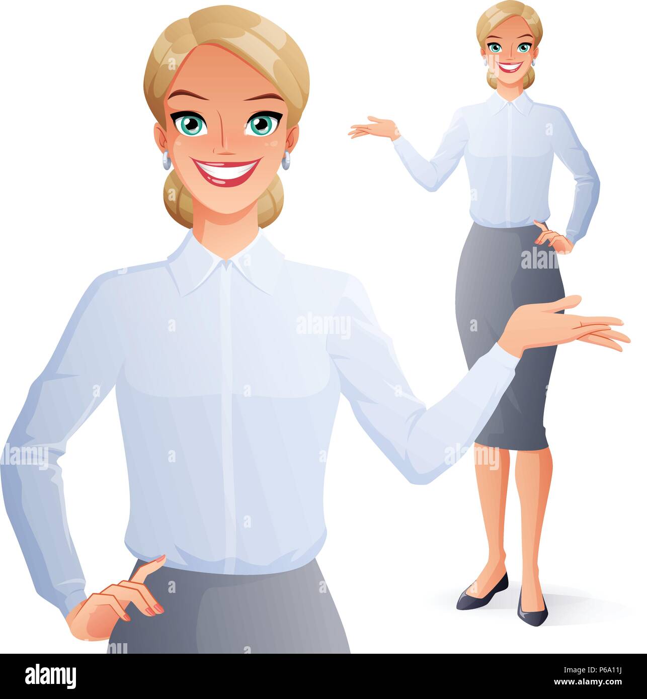 Pretty smiling business woman presenting. Isolated vector illustration ...