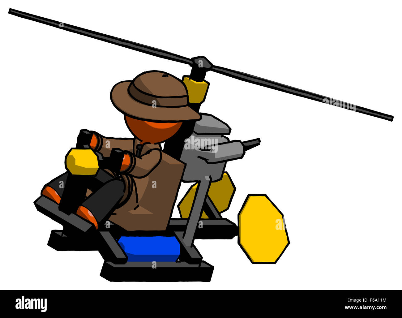 Orange detective man flying in gyrocopter front side angle top view ...