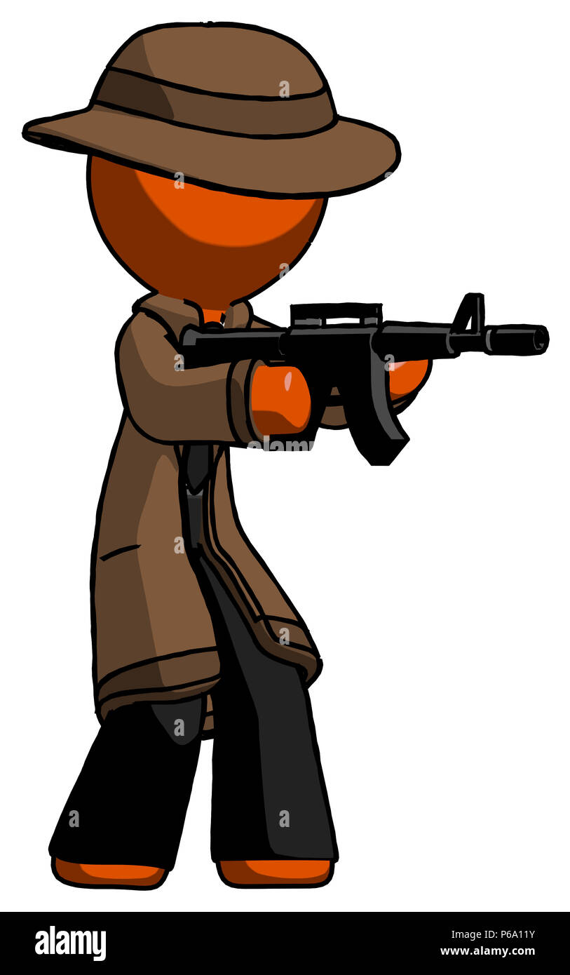 Orange detective man shooting automatic assault weapon Stock Photo - Alamy