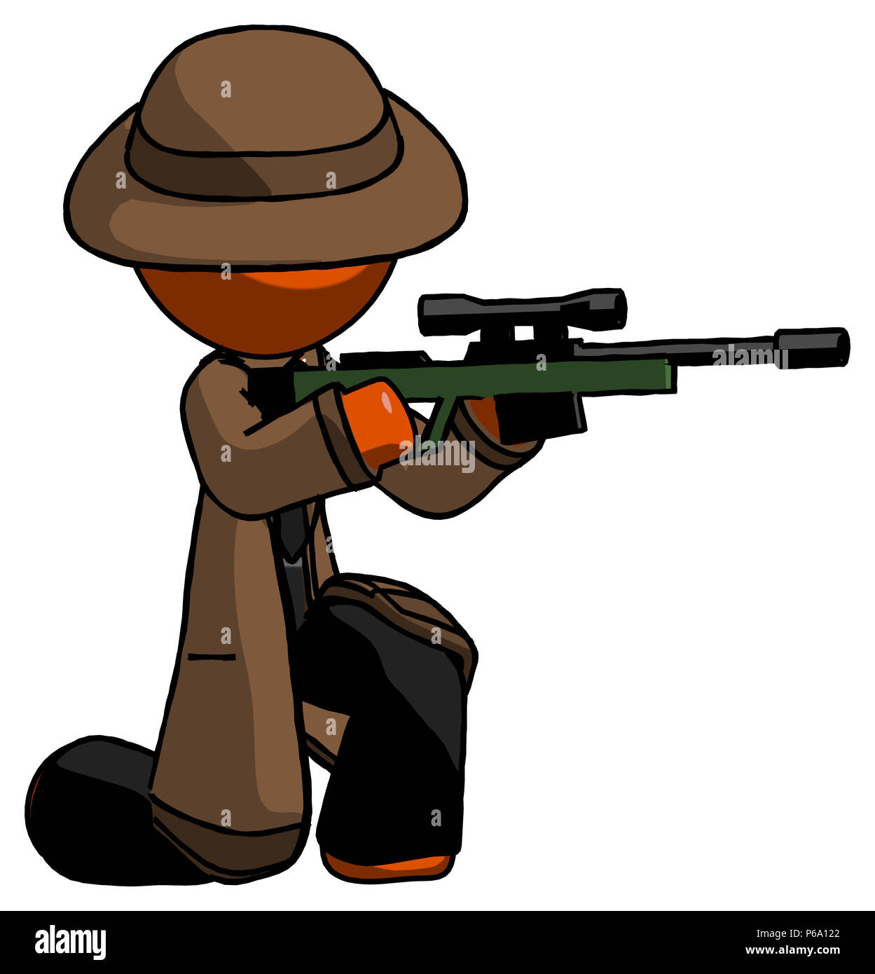 Orange detective man kneeling shooting sniper rifle Stock Photo - Alamy