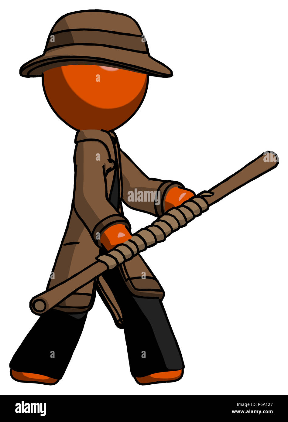 Orange detective man holding bo staff in sideways defense pose Stock ...