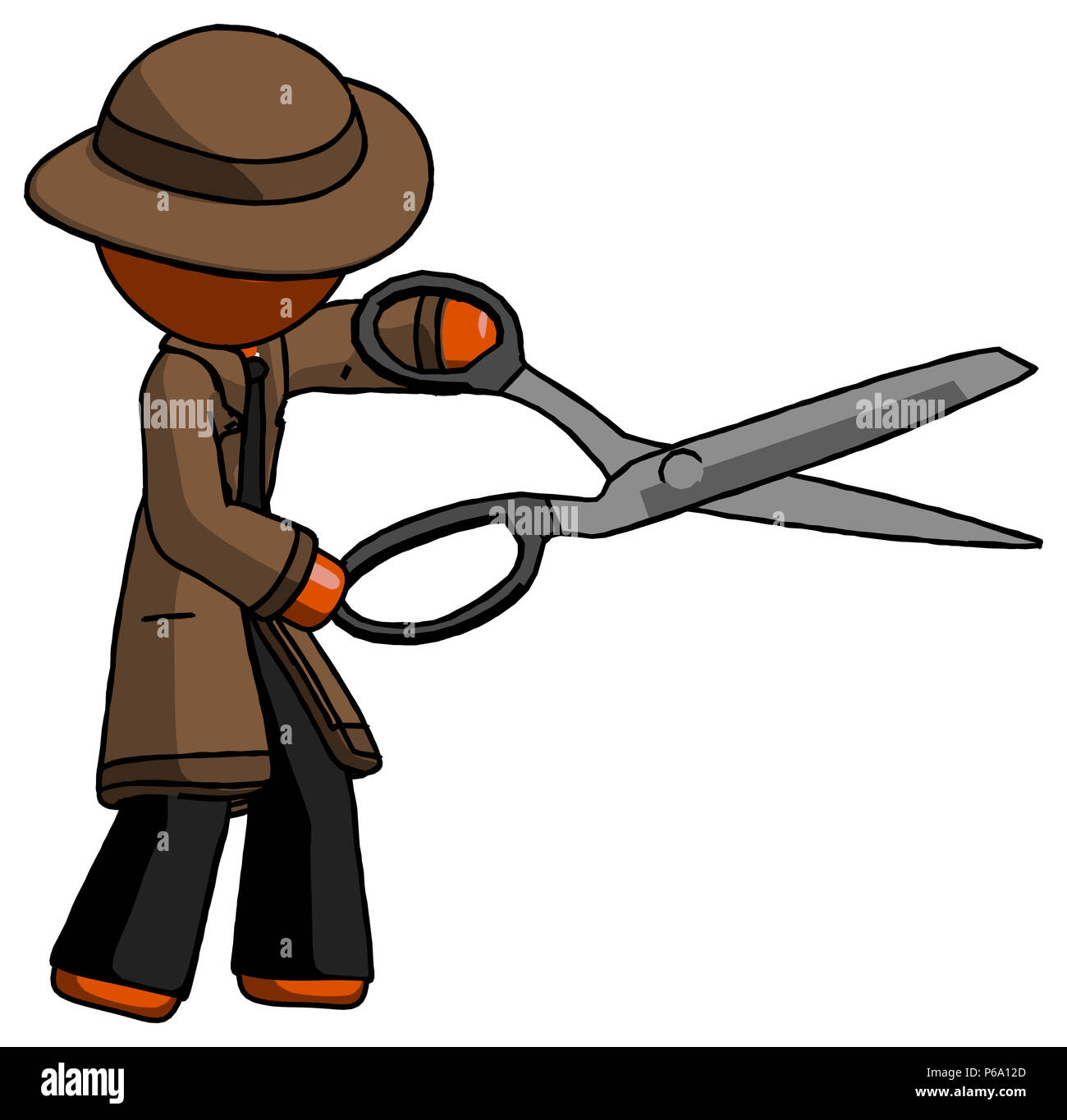 Orange detective man holding giant scissors cutting out something Stock ...