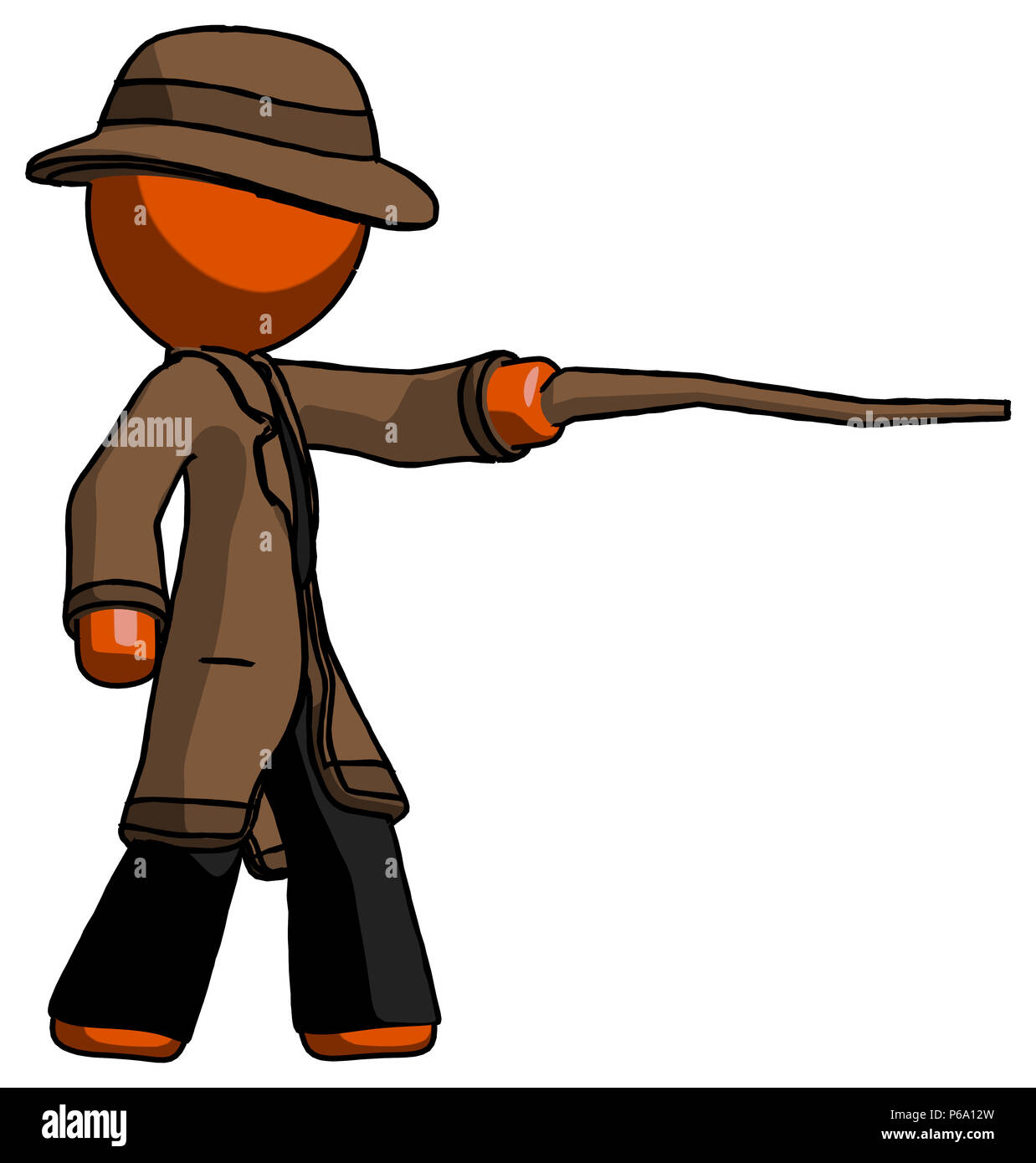 Orange detective man pointing with hiking stick Stock Photo - Alamy