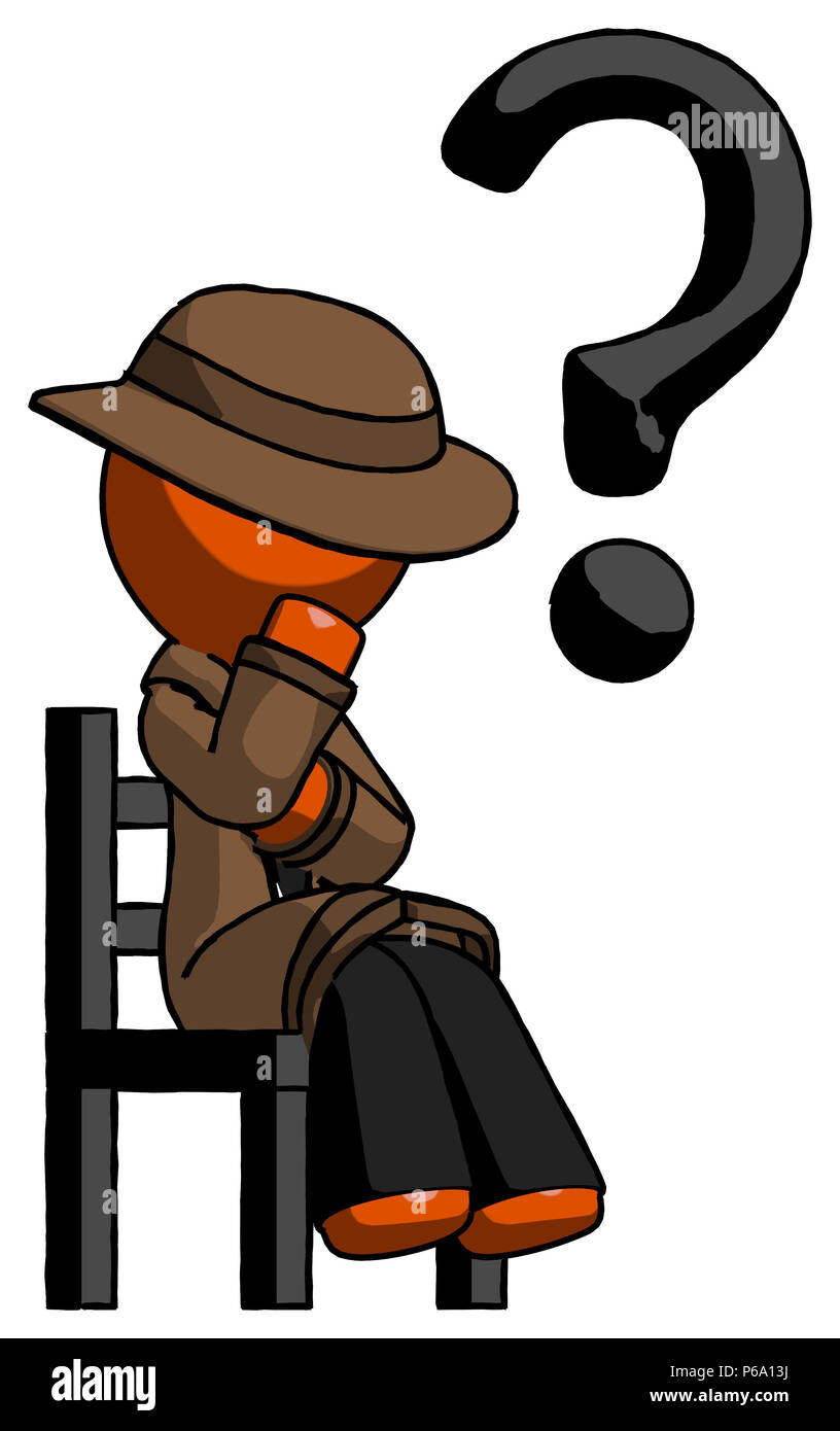 Orange detective man question mark concept, sitting on chair thinking ...