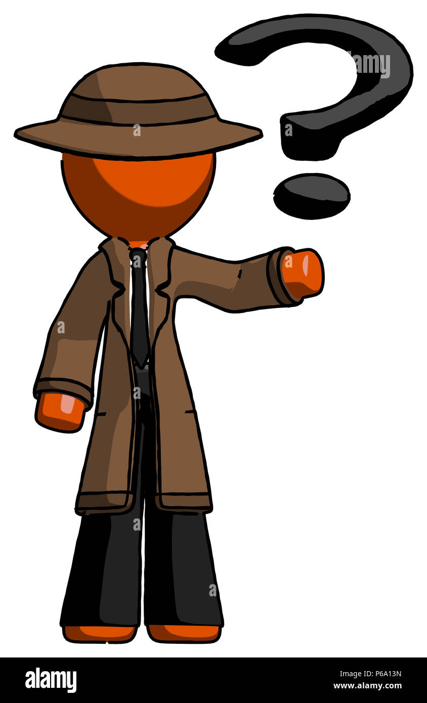 Orange detective man holding question mark to right Stock Photo - Alamy