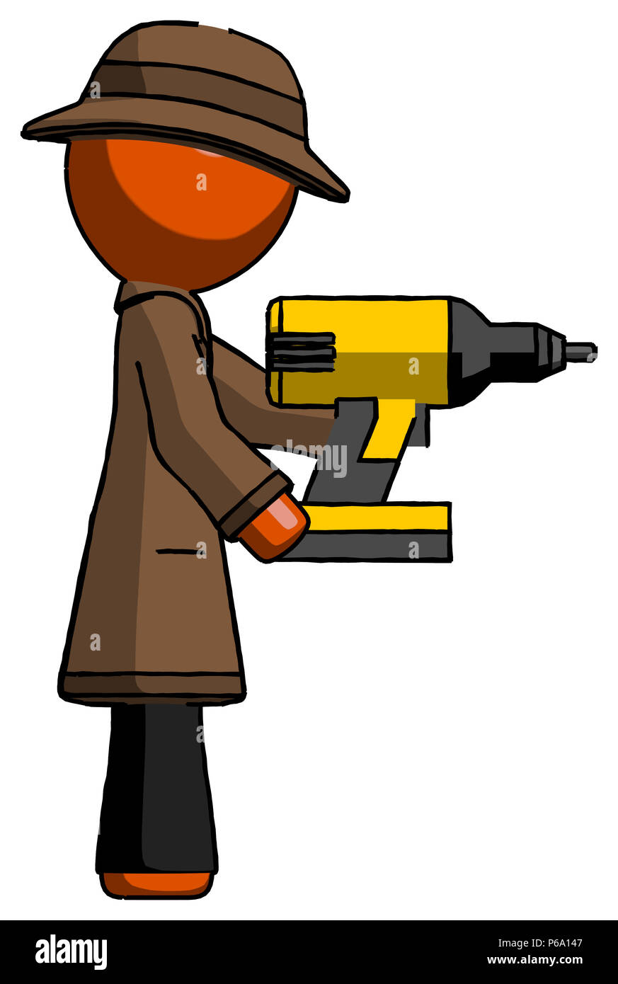 Orange detective man using drill drilling something on right side Stock ...
