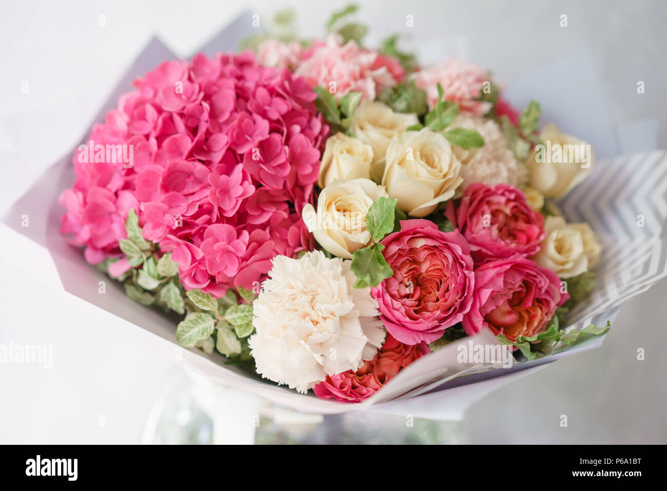 beautiful spring bouquet. flower arrangement with hydrangea and peonies ...