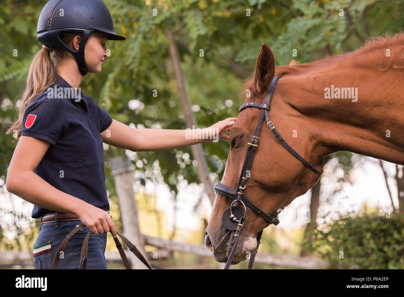 Young pretty girl - riding a horse with backlit leaves behind Stock ...