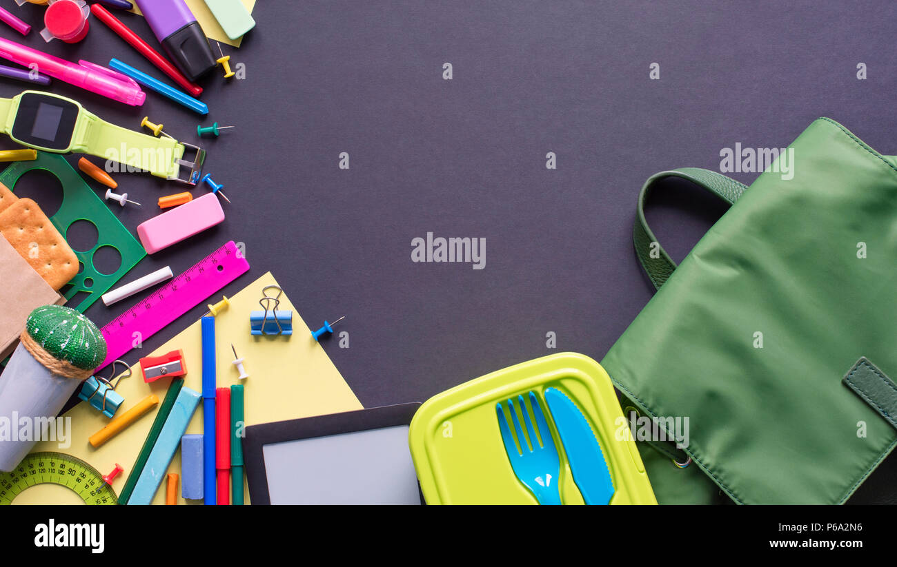 Banner Concept back to school apple backpack stationery on black ...