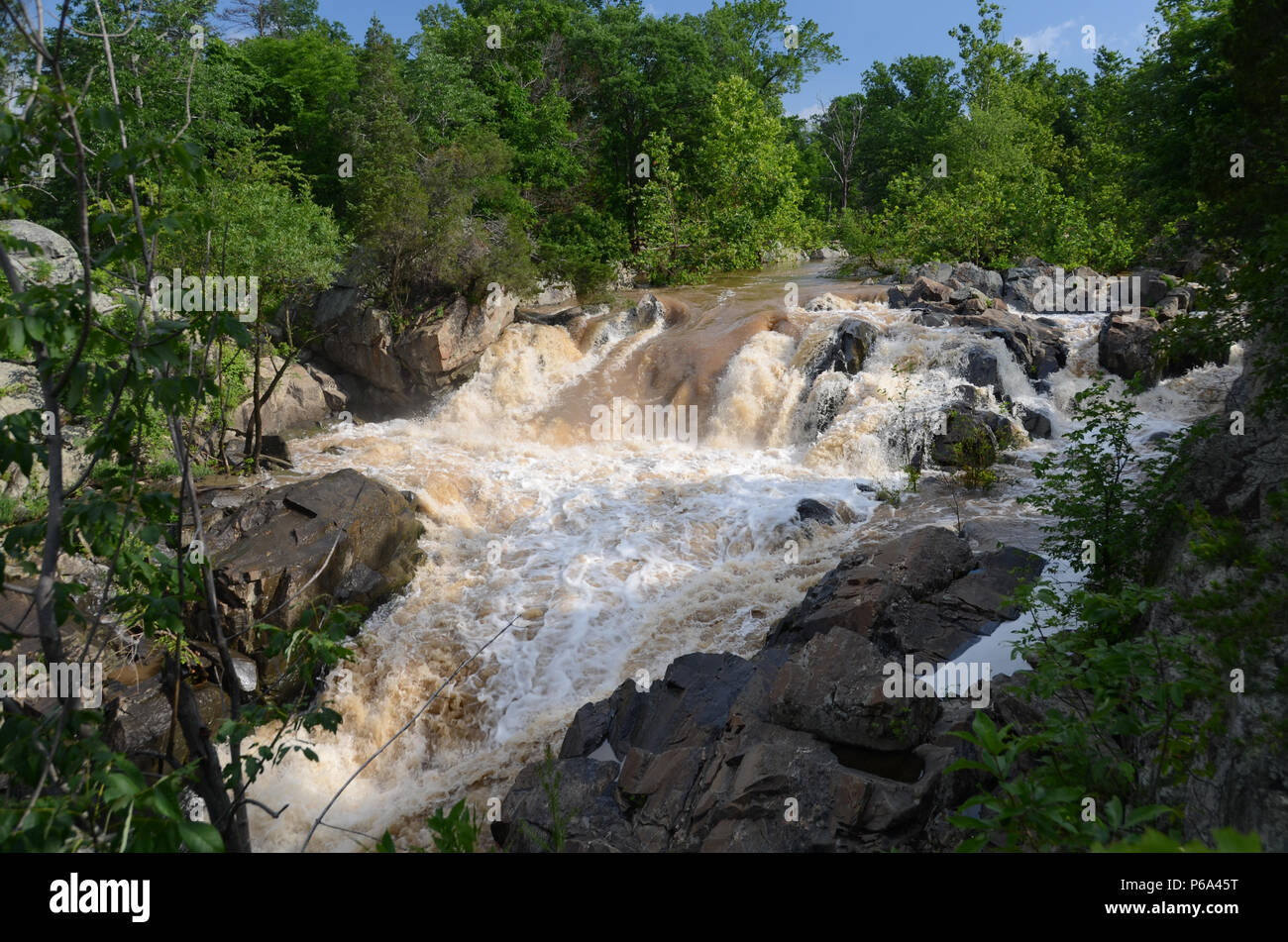 Spring flood water races down the Potomac River at Mather Gorge ...